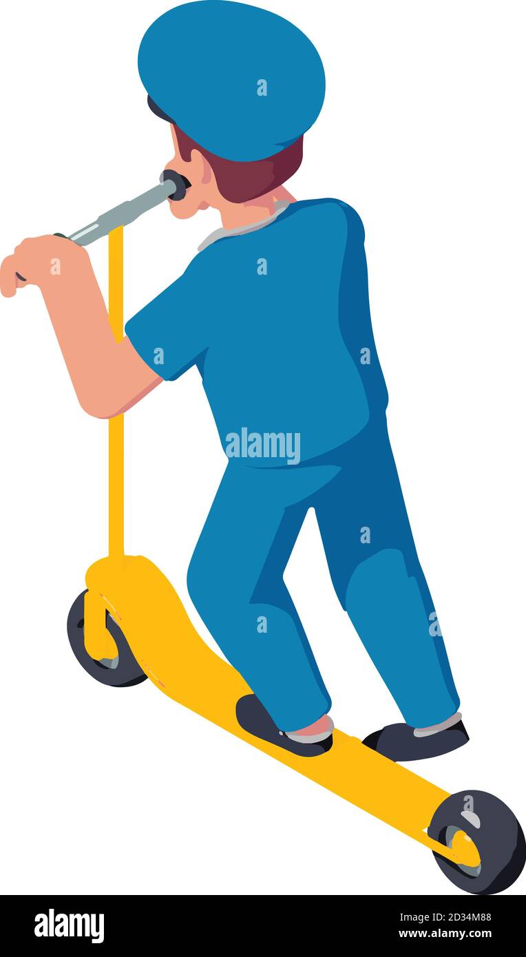 Postman ride kick scooter icon. Isometric of postman ride kick scooter ...