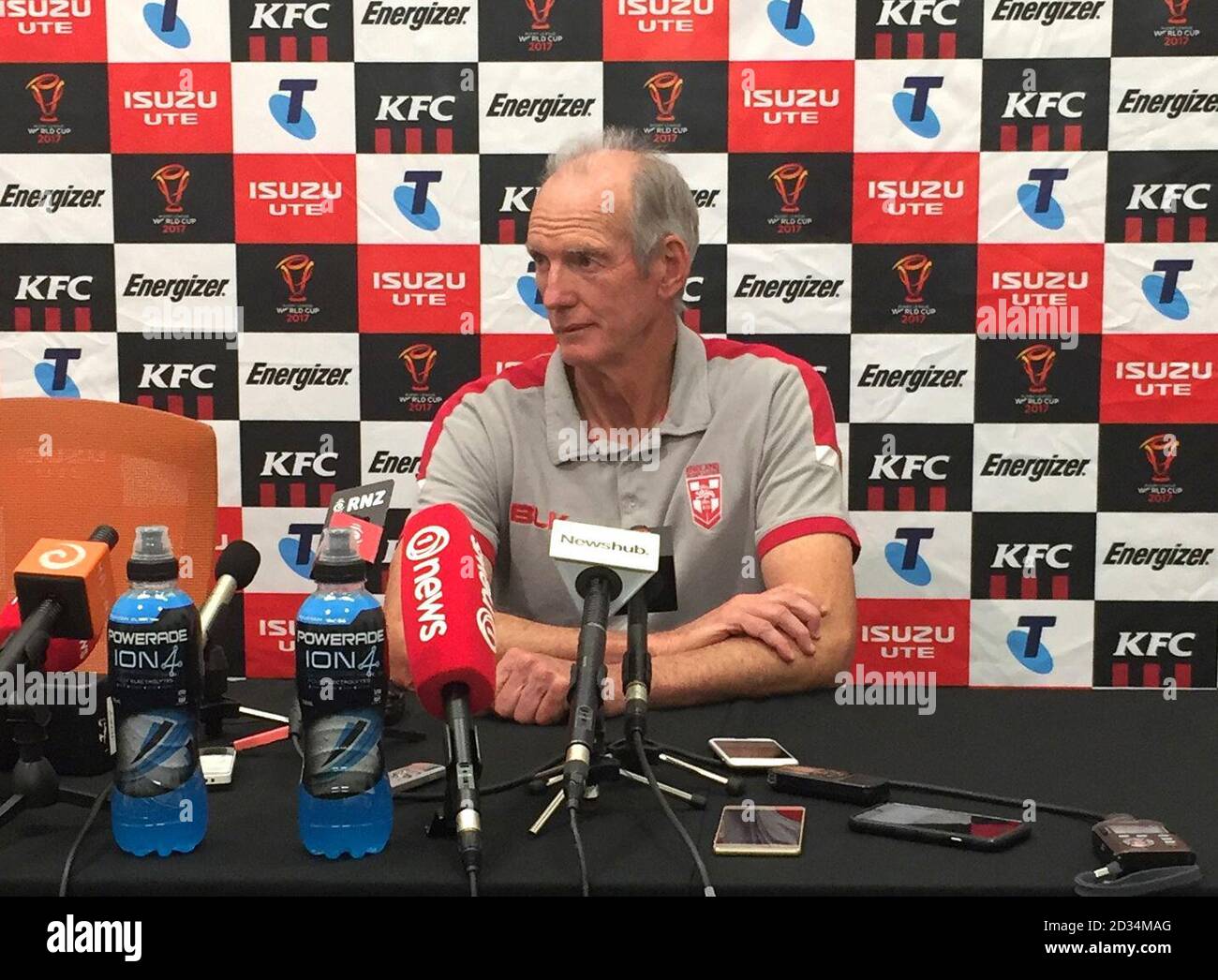 England head coach Wayne Bennett speaks to the media after the Rugby ...