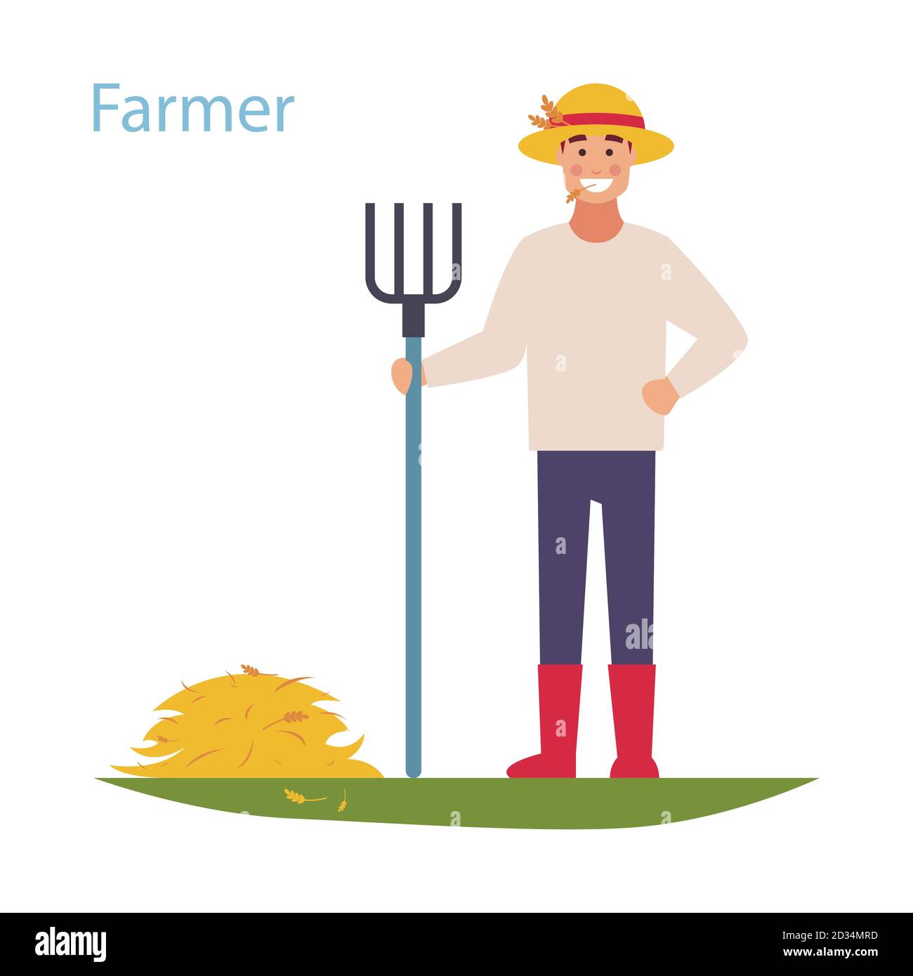 Illustration of a farmer standing next to hay and holding a pitchfork ...