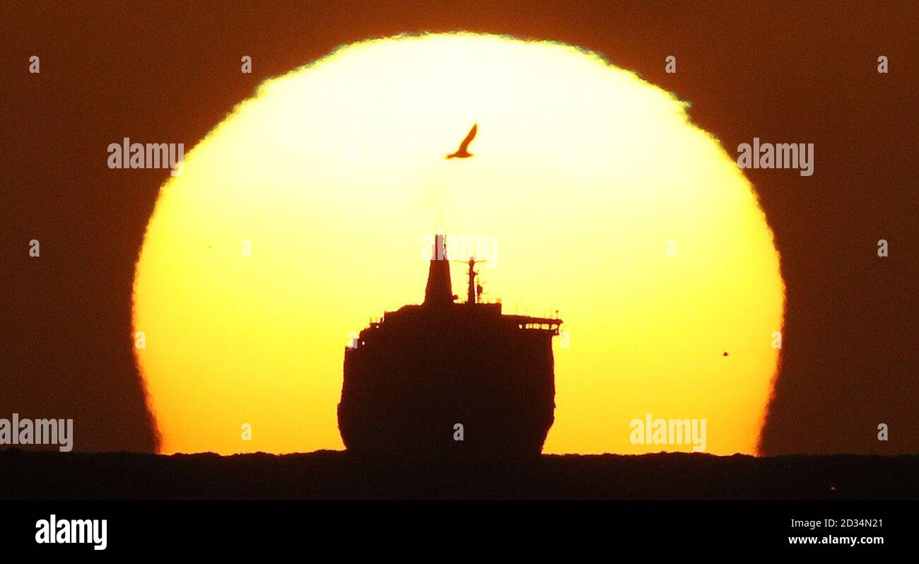 The DFDS King Seaways, travelling across the North Sea, is silhouetted ...