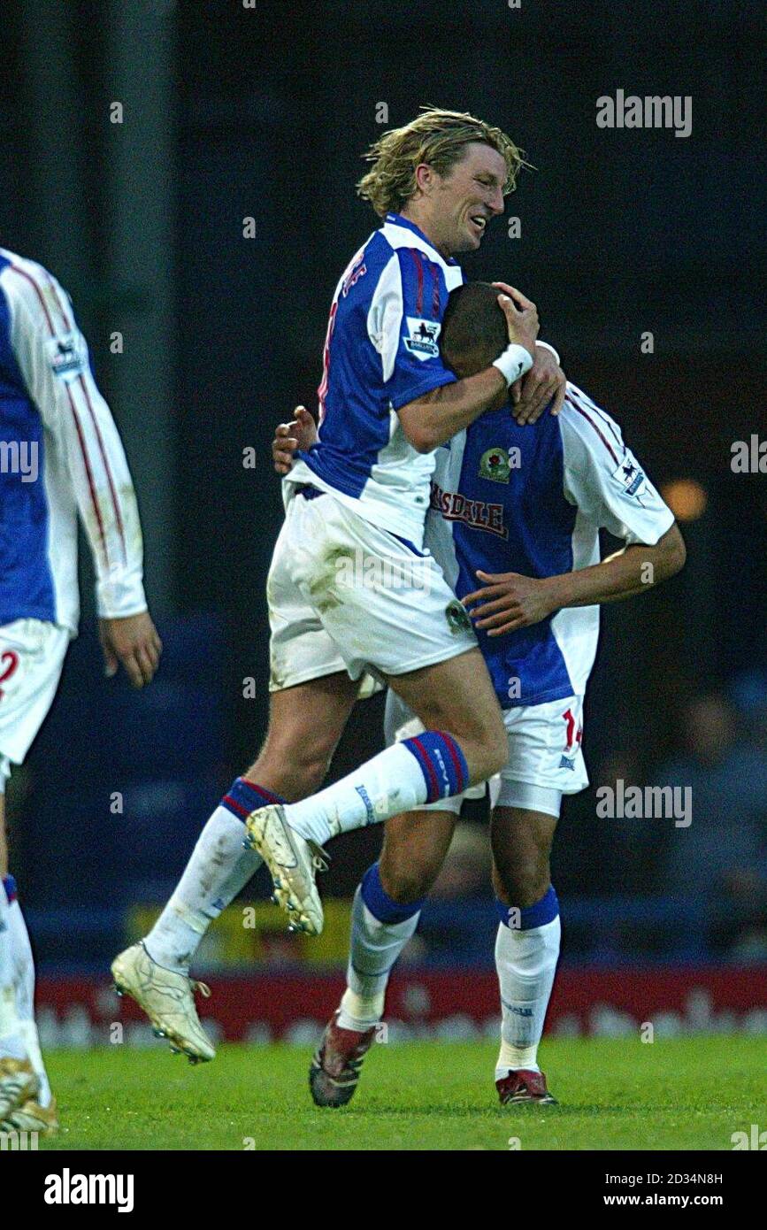 Blackburn Rovers goalscorer Robbie Savage jokes with Steven Reid who ...