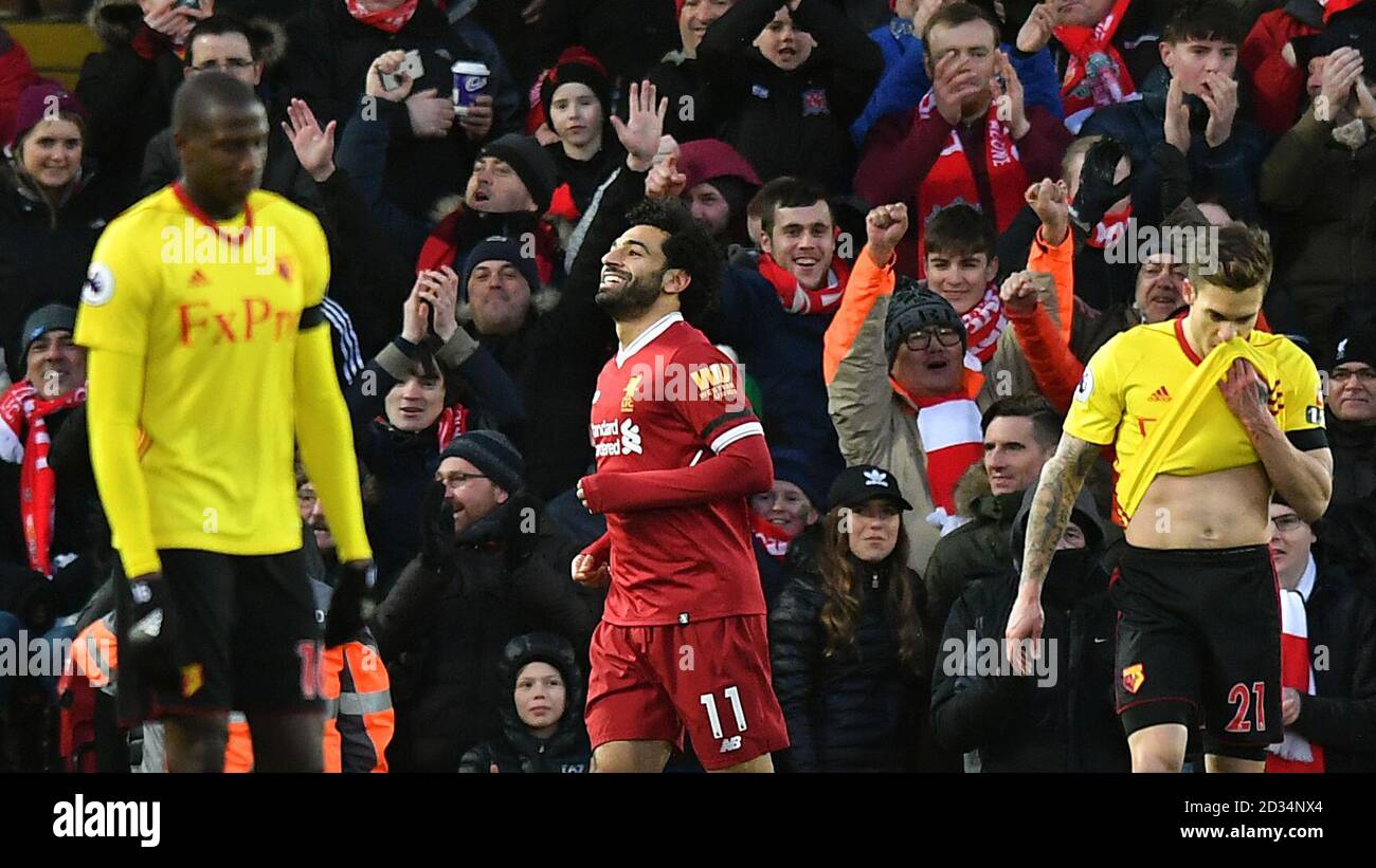 Liverpool's Mohamed Salah celebrates scoring his second goal during the ...