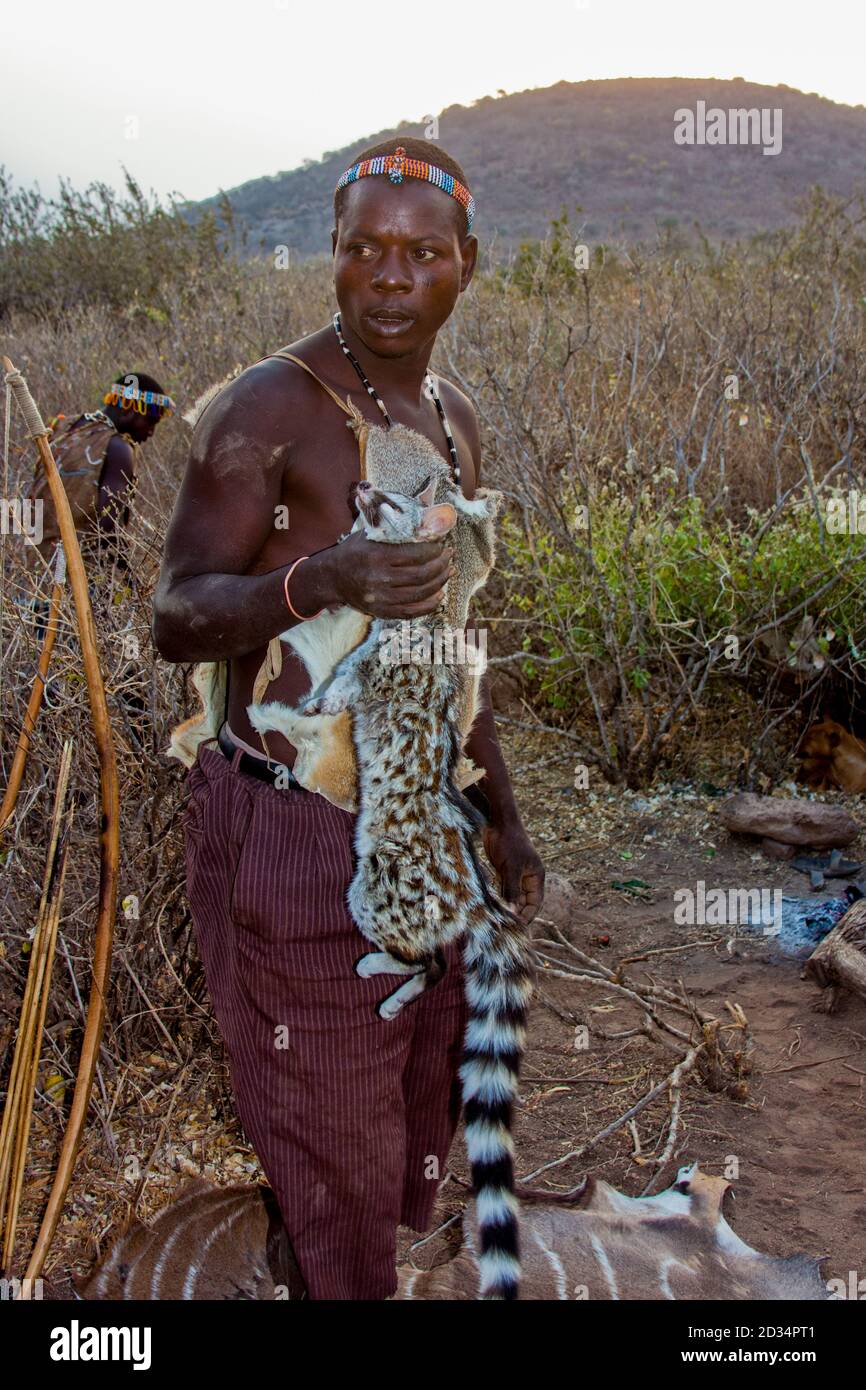 Portrait of a Hadza hunter. The Hadza, or Hadzabe, are an ethnic group ...