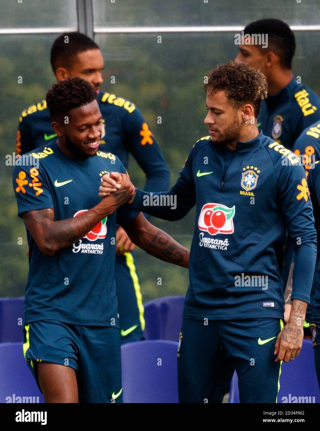 Brazil's Neymar, (right) and Fred, (left) during the training session ...