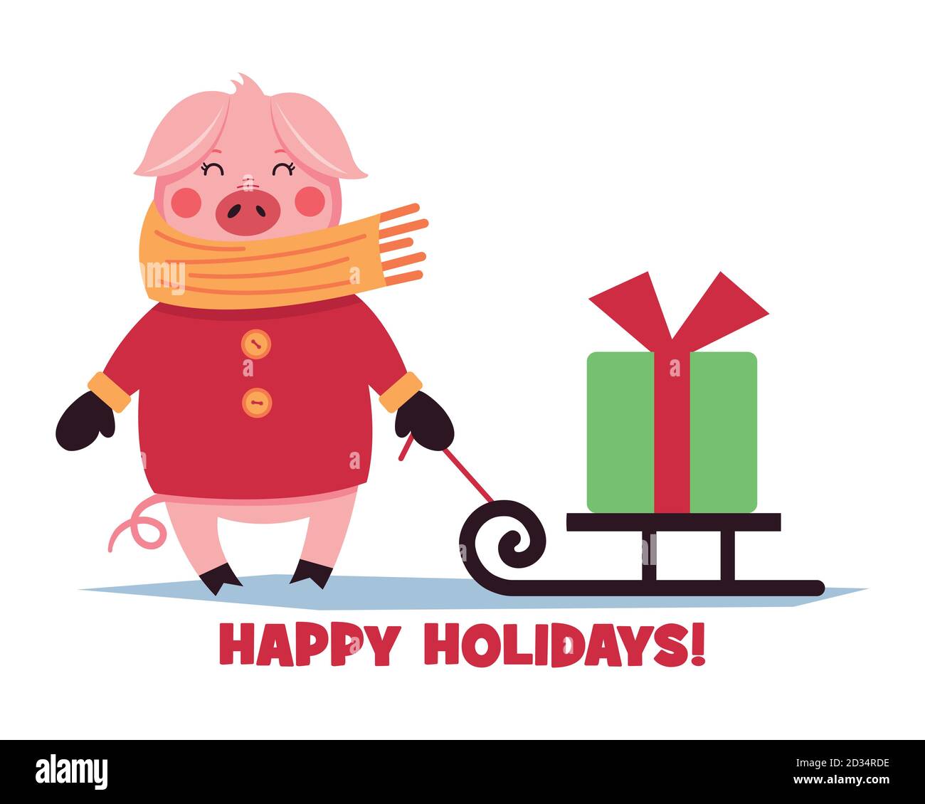 Cute pig in a coat with a gift box in a sleigh. Happy New Year. Great ...