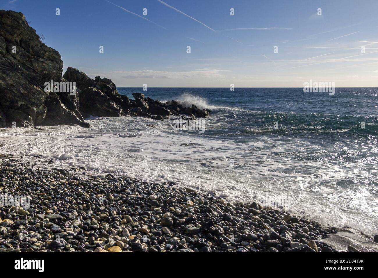 Beautiful scenery of crazy sea waves splashing in Varazze, Italy Stock ...