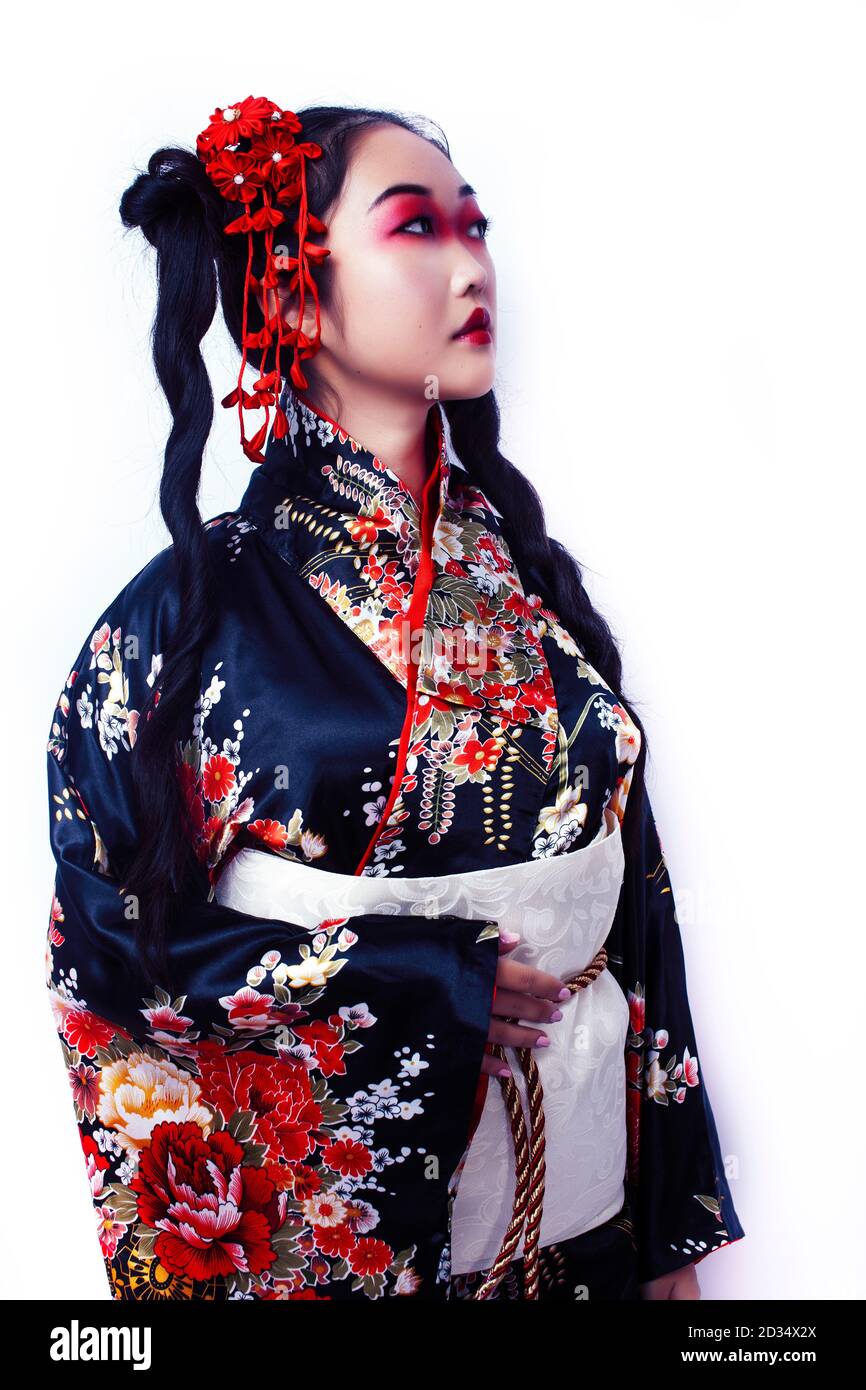 young pretty geisha in black kimono with sakura, asian ethno closeup on ...