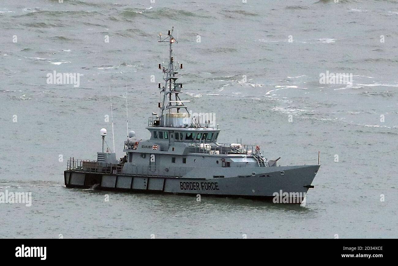 HMC Searcher, one of four cutter ships patrolling UK waters, arrives at ...