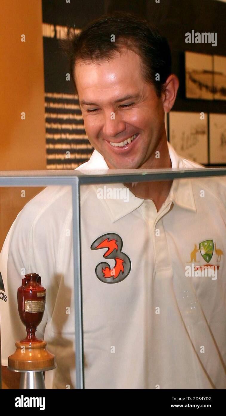 Australia captain Ricky Pointing looks down at the orignal Ashes urn on ...