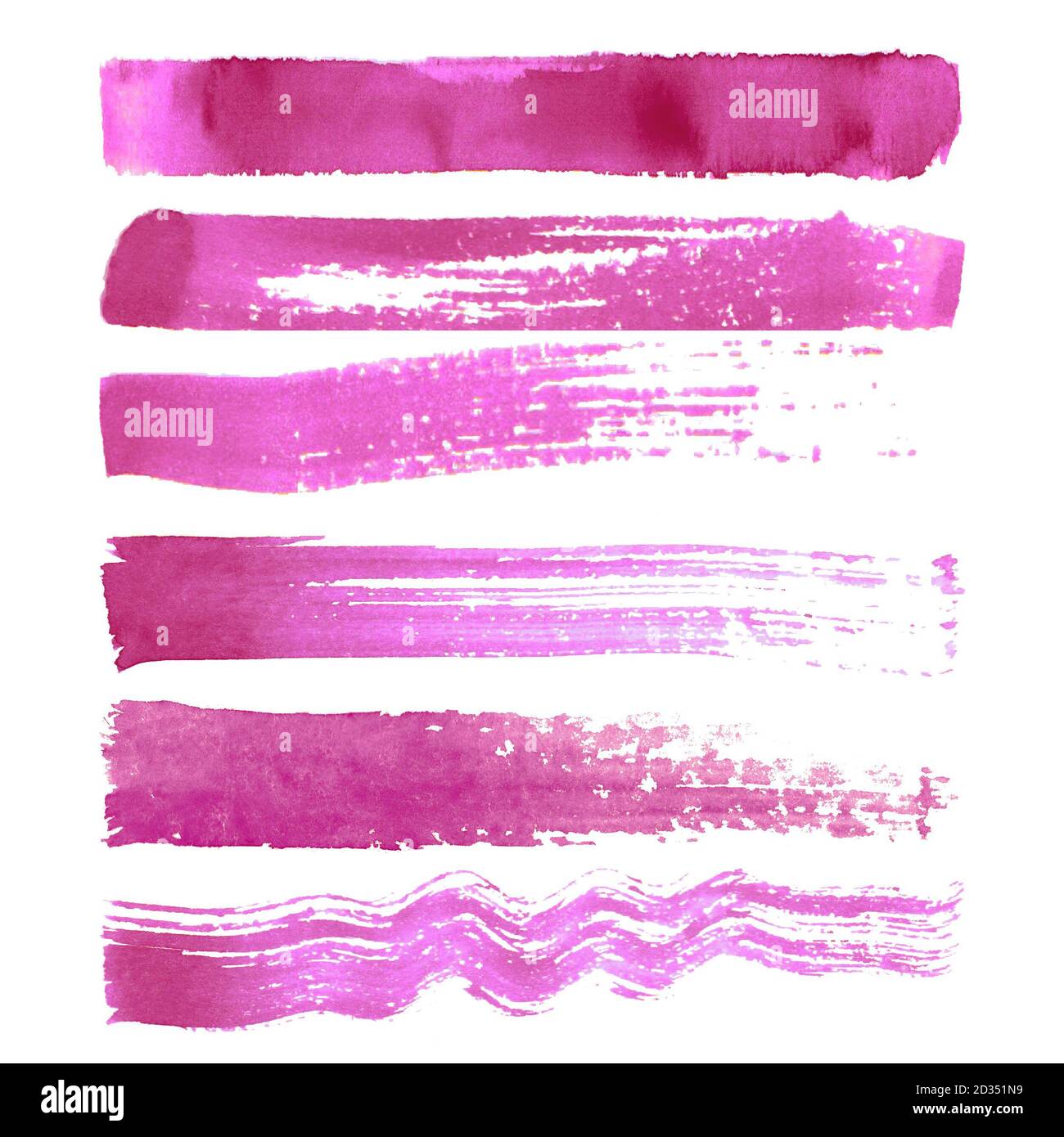 Set of pink textured watercolor brush strokes isolated on white ...