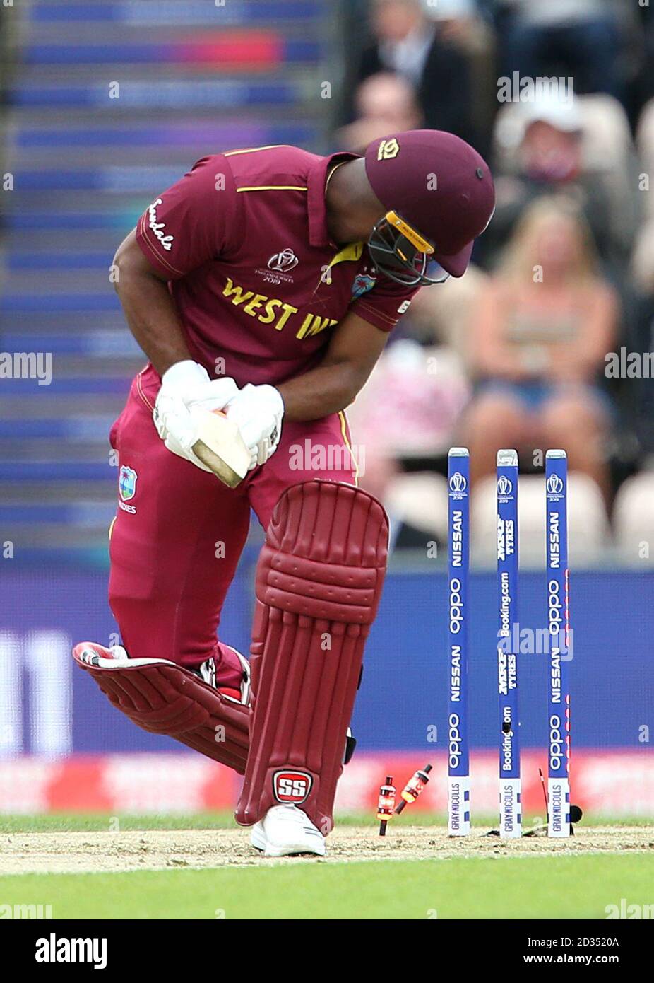 West Indies' Evin Lewis is bowled out during the ICC Cricket World Cup ...