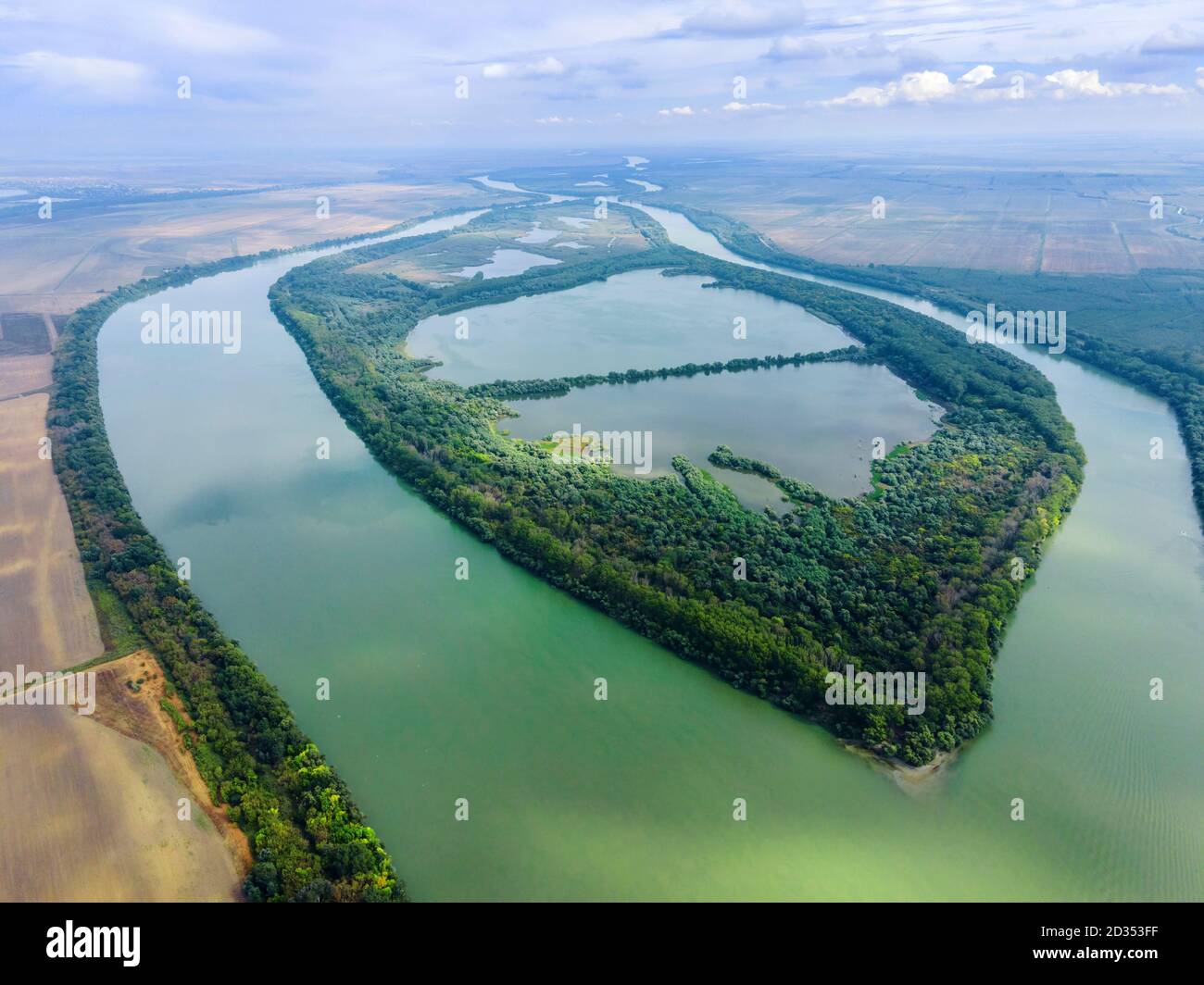 Aerial view on Tataru island, Danube river, Chilia branch Danube Delta ...