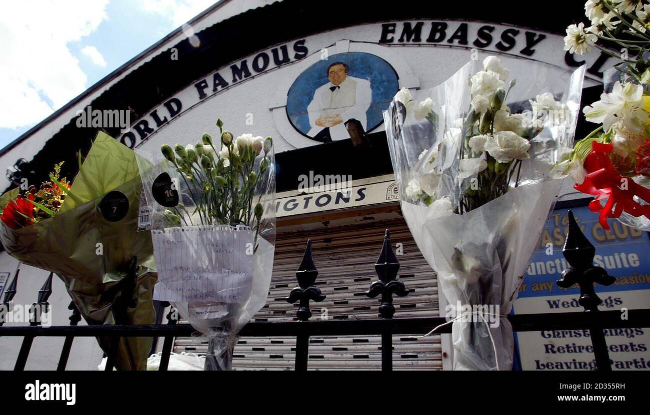 Floral tributes outside Bernard Manning's Embassy Club on Rochdale Road ...