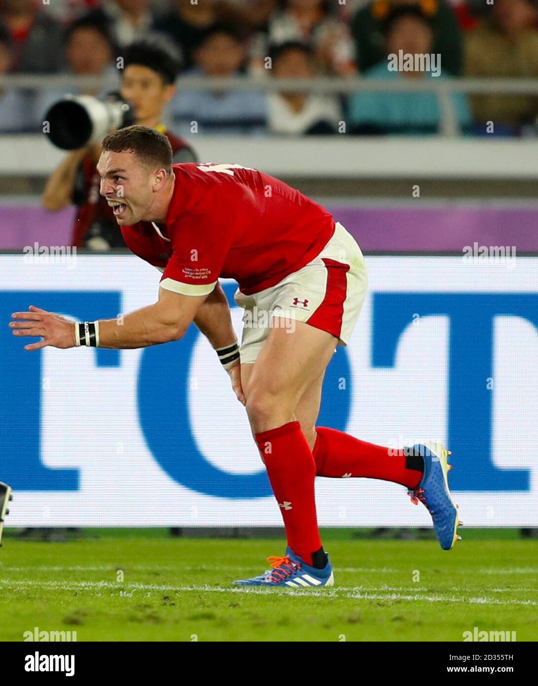 Wales' George North holds his leg during the 2019 Rugby World Cup Semi ...