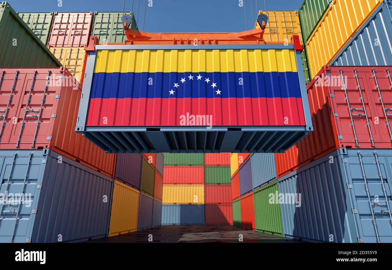 Container Terminal - Shipping Container with Venezuela flag. 3D ...