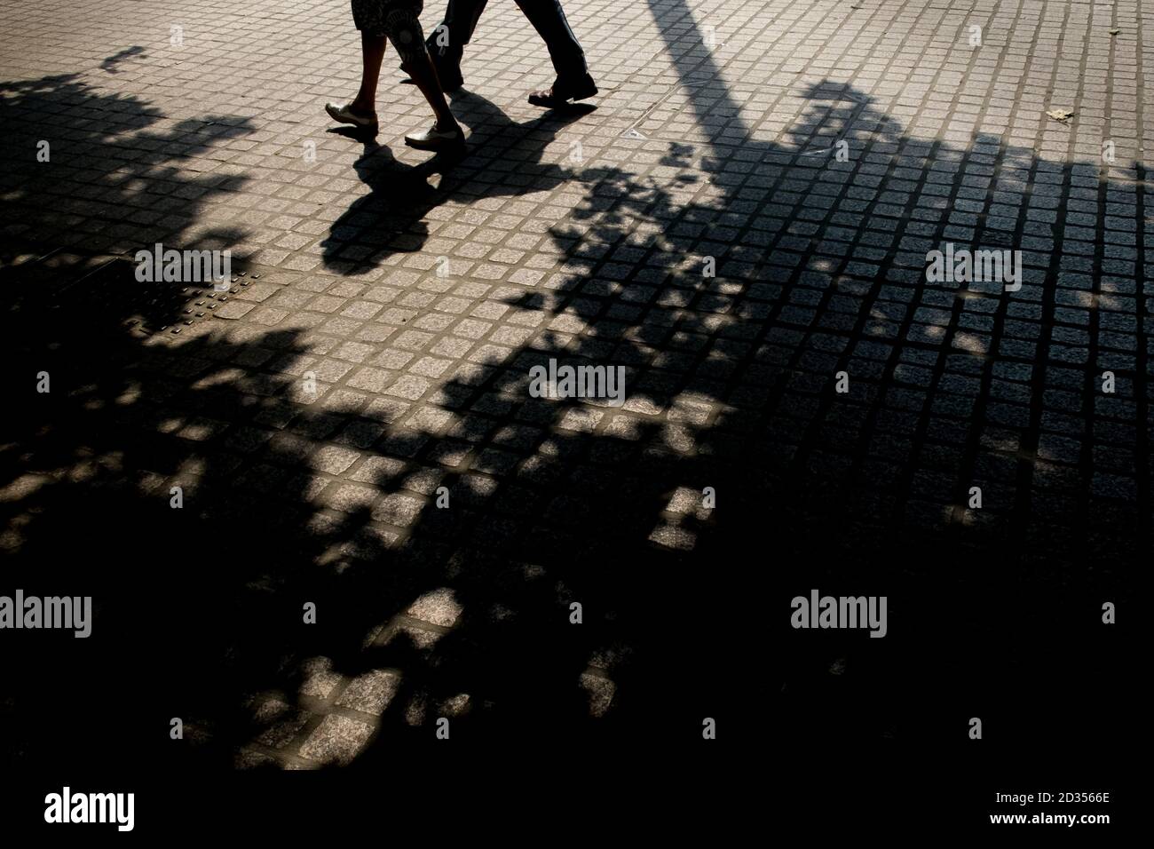 Two pedestrians feet and their shadows walking on the South Bank of the ...