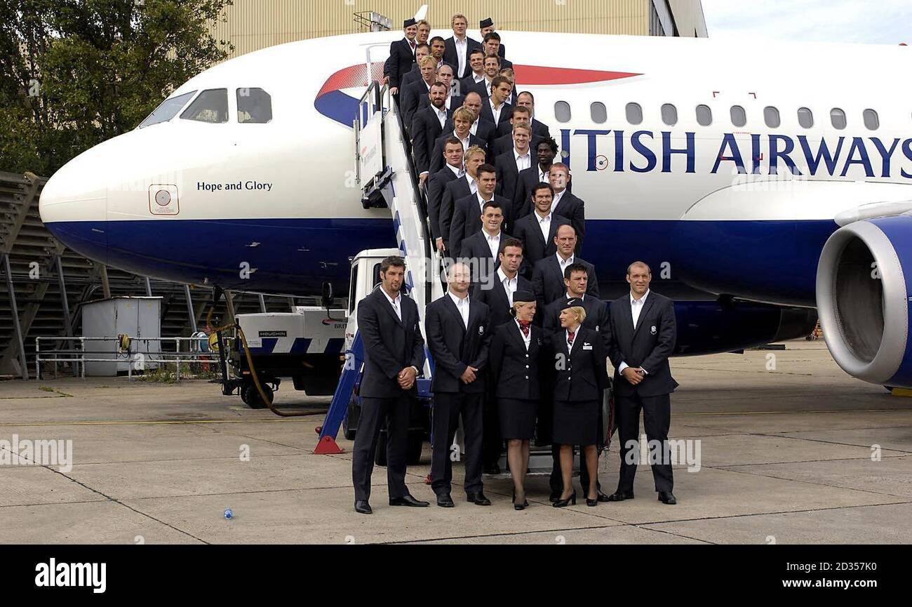 The England rugby union squad with British Airways plane named Hope and ...