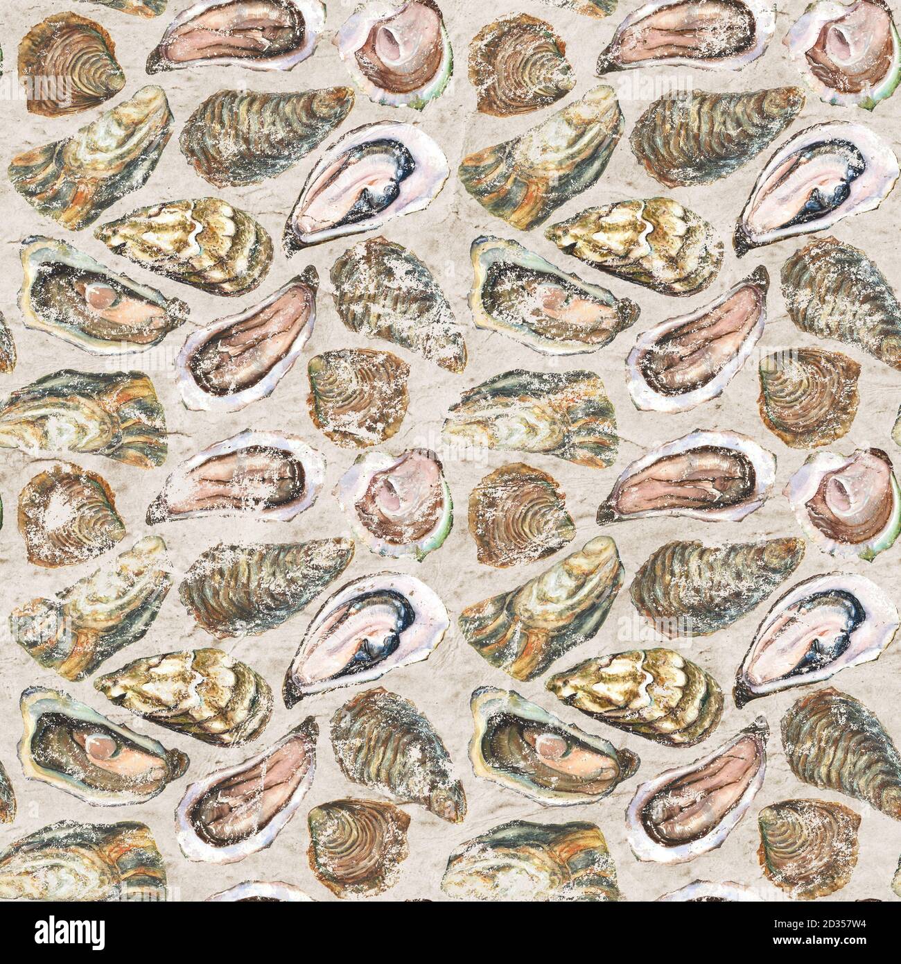 Oysters watercolor hand drawn seamless pattern on aged paper background ...