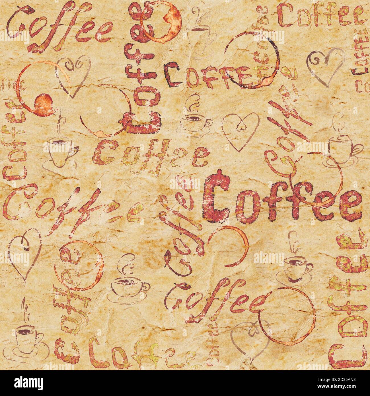 Vintage beige seamless coffee pattern with lettering, hearts, coffee ...