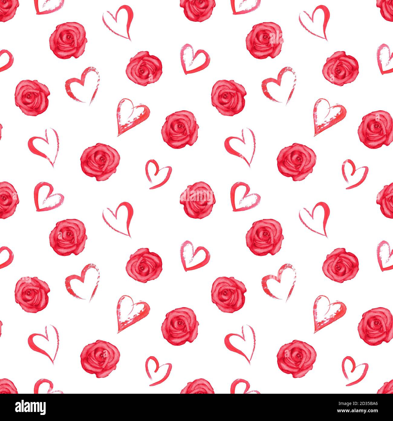 Watercolor seamless pattern with red roses and hearts on white ...