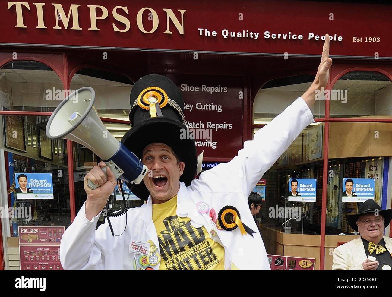 Monster raving loony party candidate nick flying brick canvassing hi ...