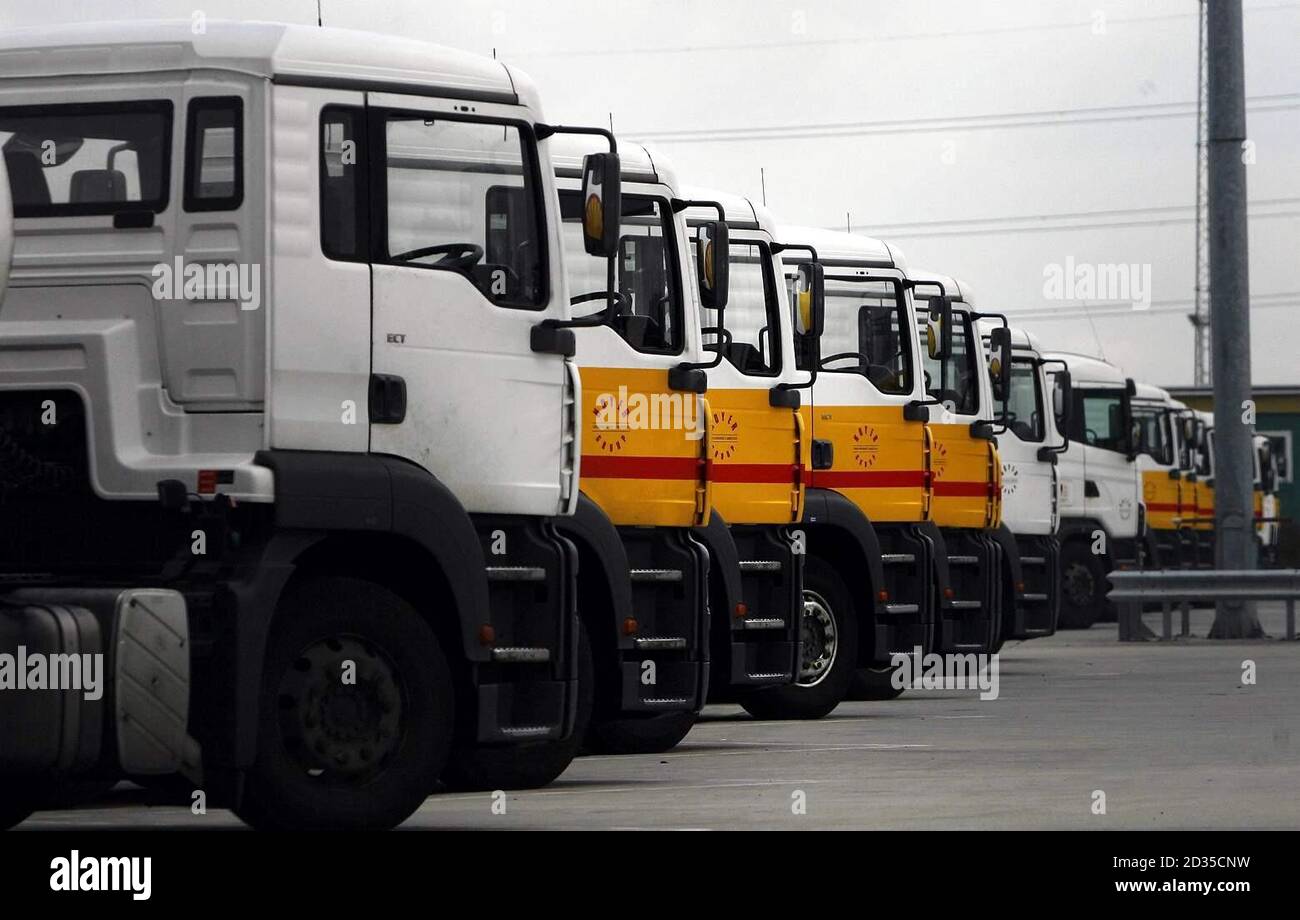 Shell tankers stand idle at the Shell petrol tanker depot at the ...