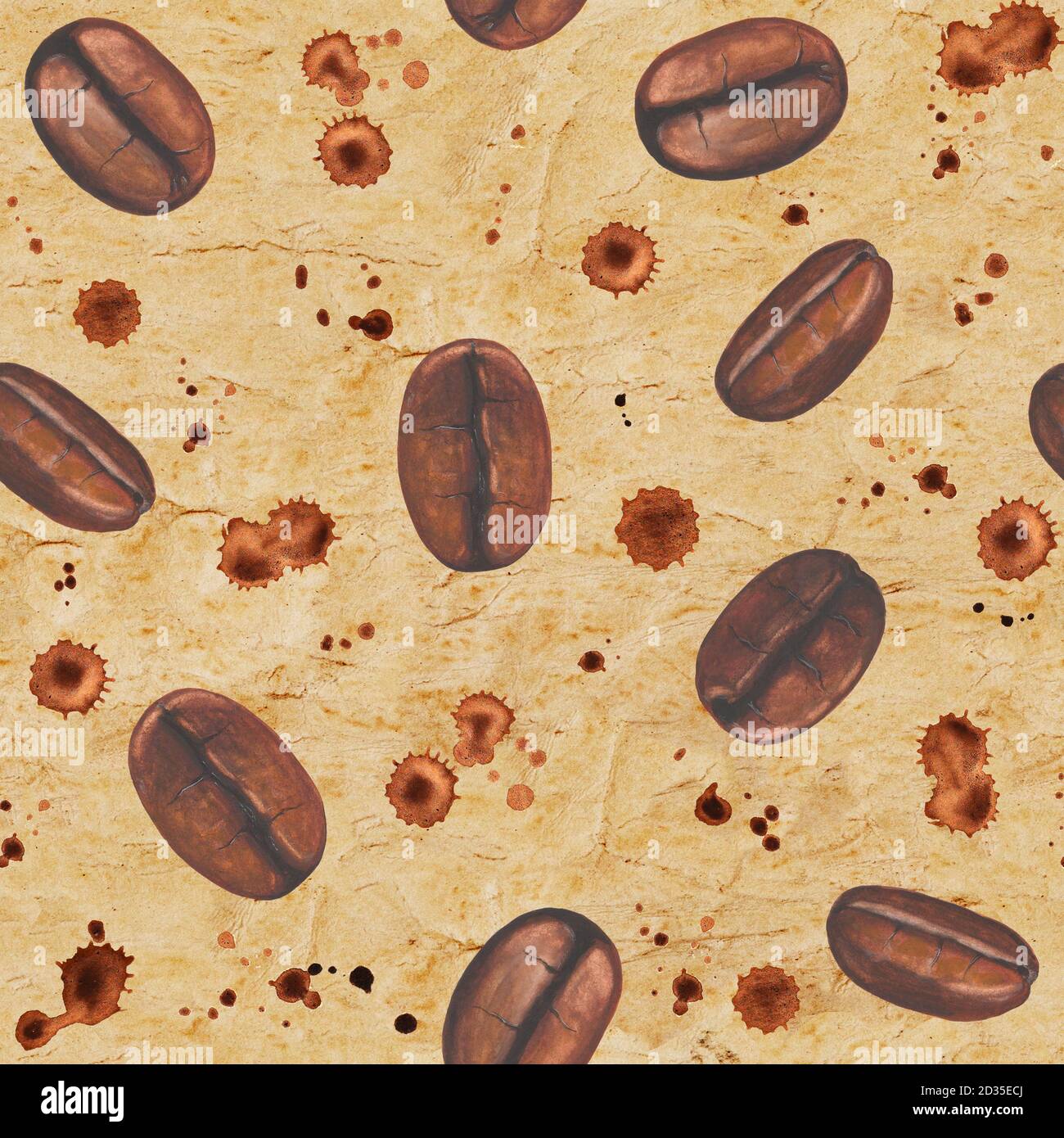 Seamless pattern with coffee beans and stains on old paper background ...