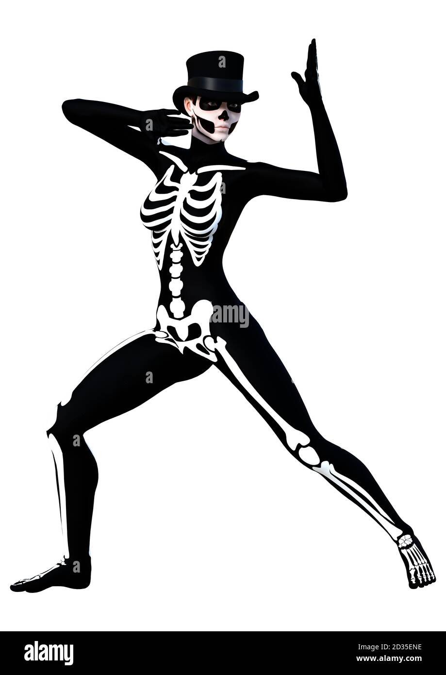 3D rendering of a young woman wearing a skeleton costume for Halloween ...