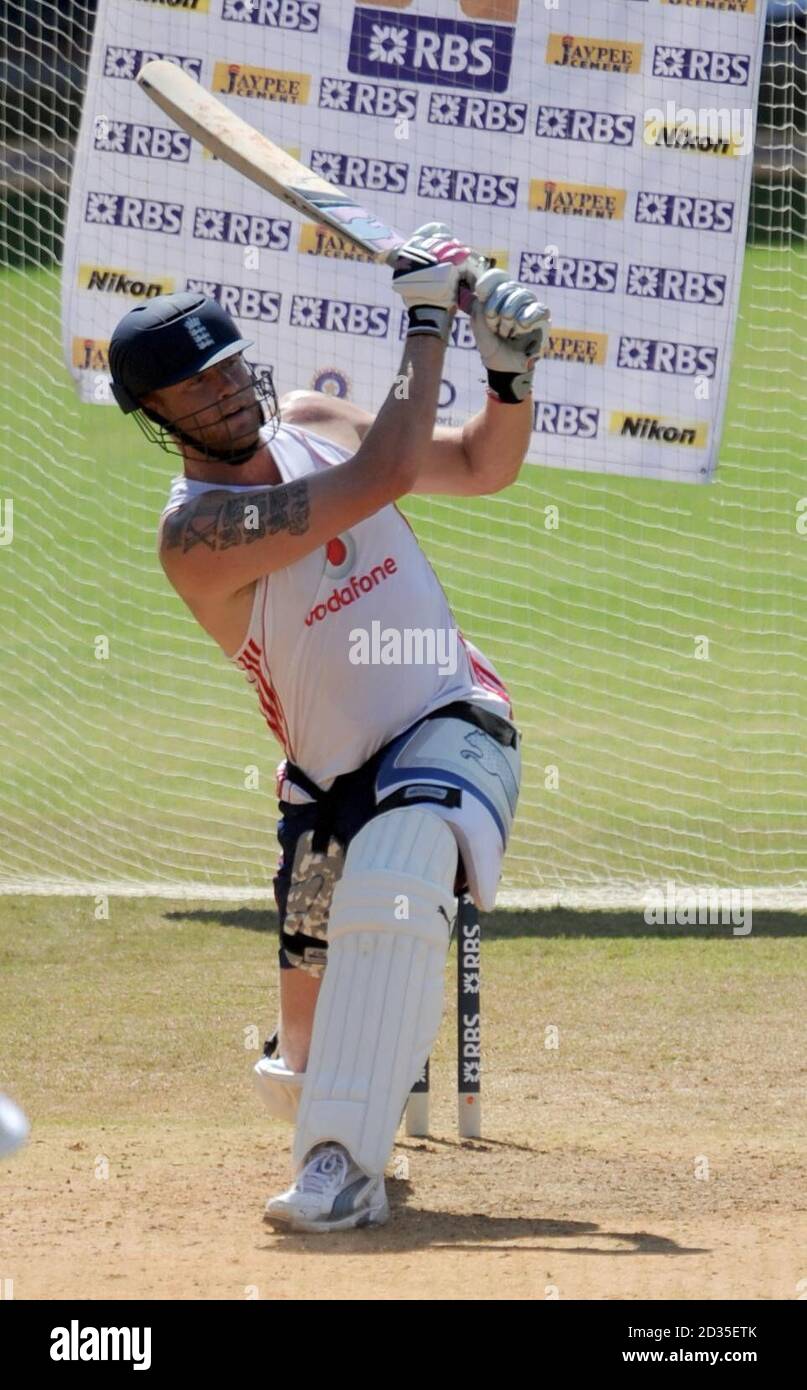 Andrew Flintoff bats during a training session at the M. A. Chidambaram ...
