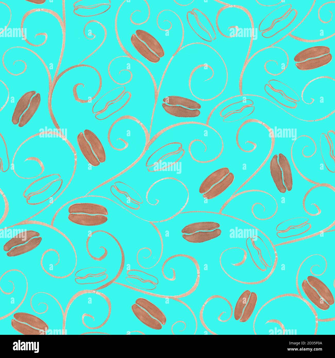 Seamless watercolor hand drawn pattern with coffee beans on turquoise ...