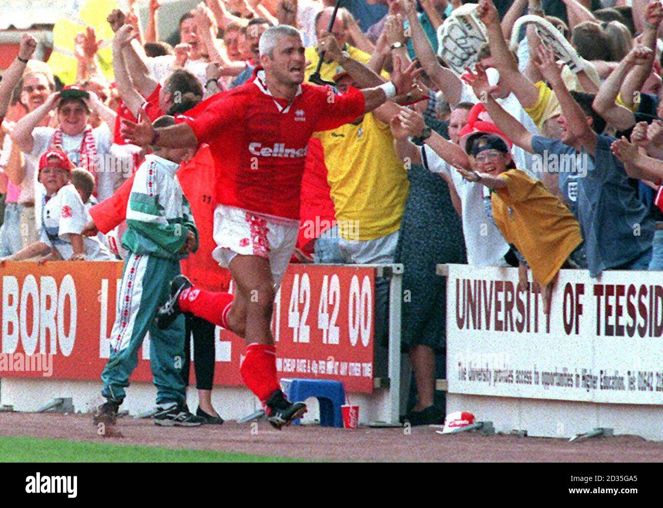 Middlesbrough's Fabrizio Ravanelli celebrates one of his three goals ...