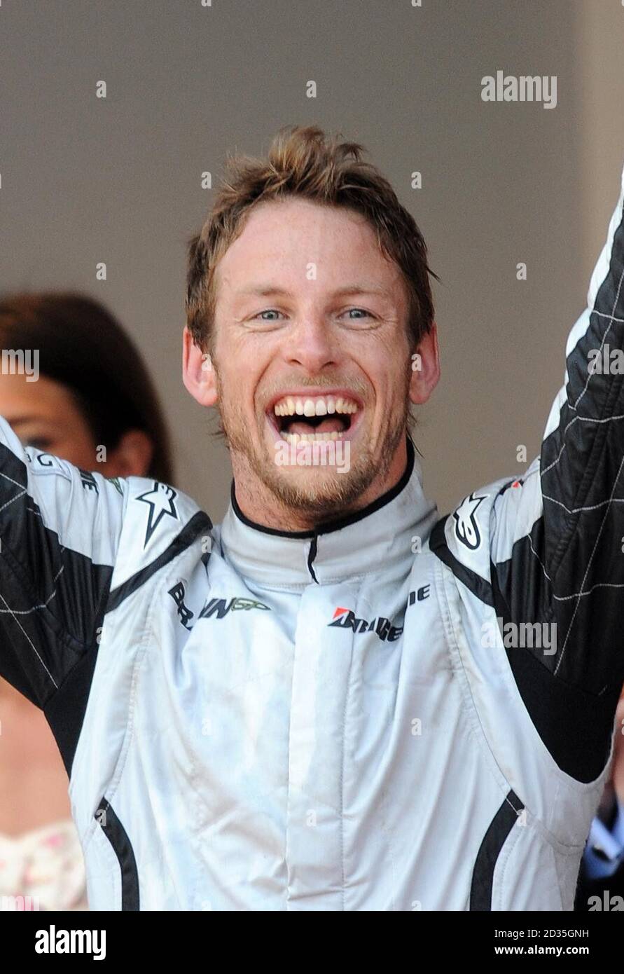 Brawn GP's Jenson Button celebrates his victory during Monaco Grand ...