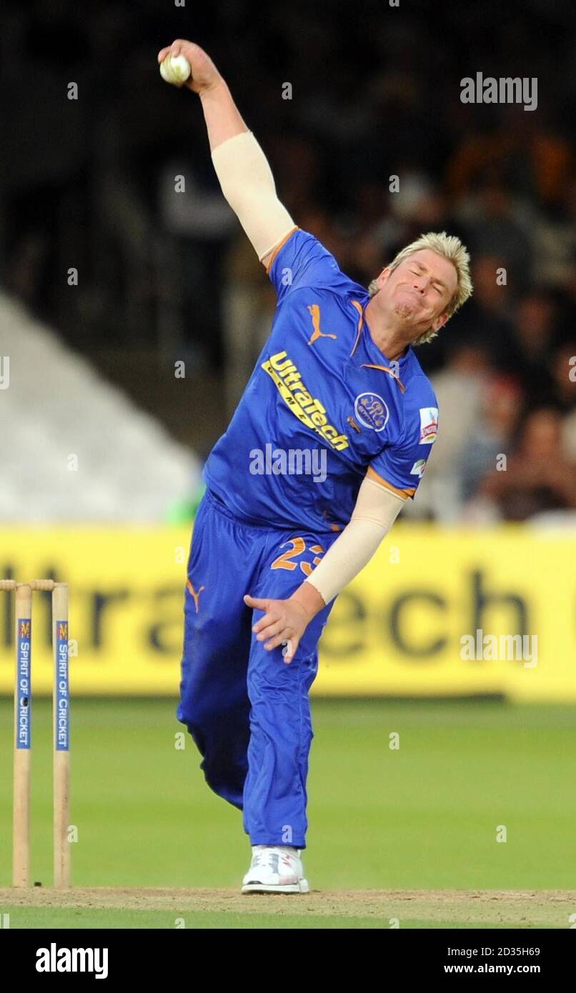 Rajasthan Royals captain Shane Warne bowls during the Twenty20 match at ...