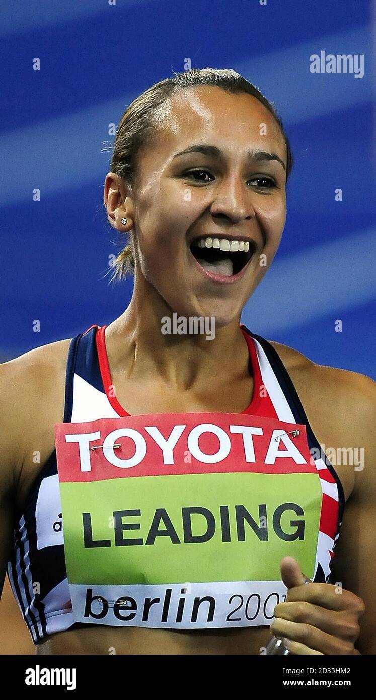 Great britains jessica ennis celebrates her gold medal win hi-res stock ...
