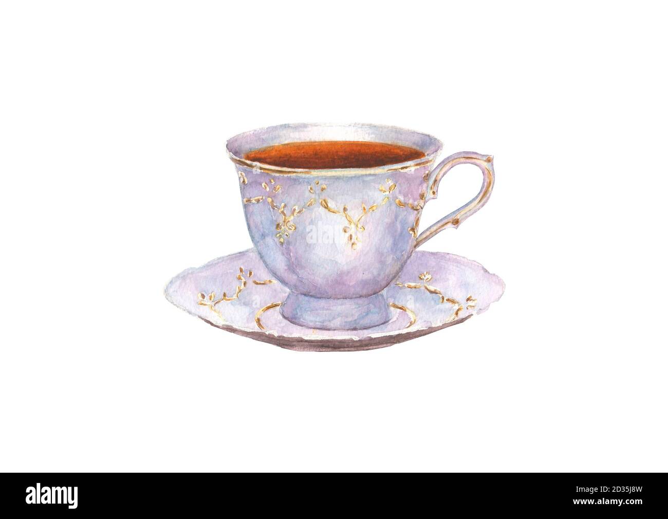 Watercolor hand painted porcelain cup of tea and saucer isolated on ...