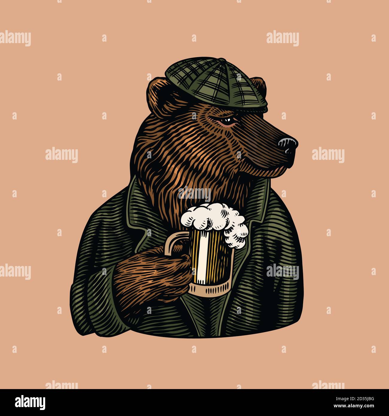 Grizzly Bear with a beer mug. Brewer with a glass cup. Fashion animal ...