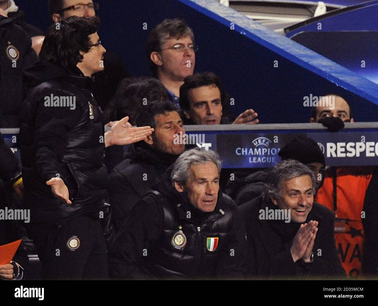 Inter Milan manager Jose Mourinho (right) reacts to the action from the ...