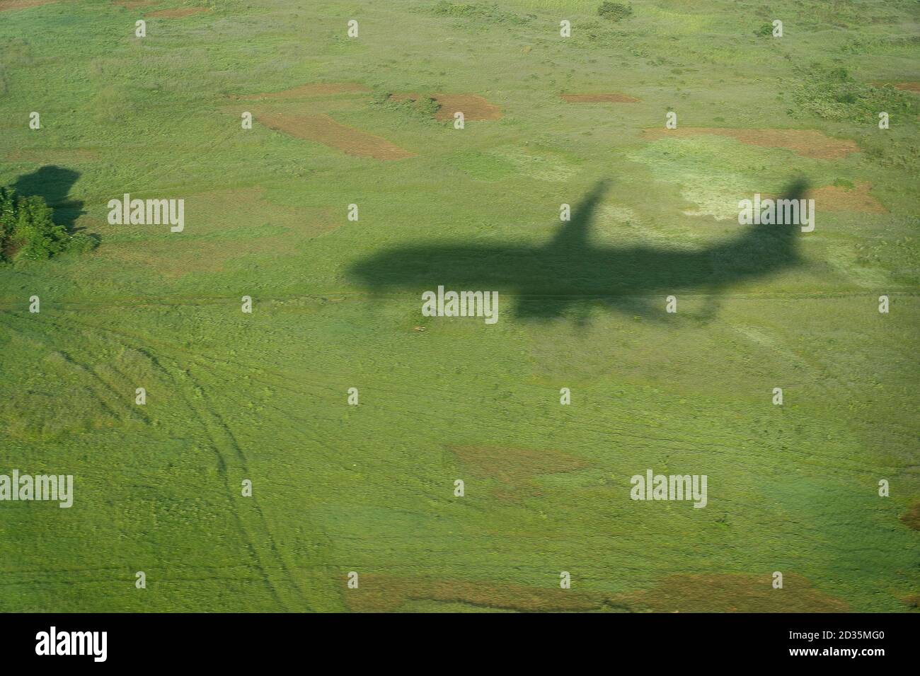 Shadow of the black plane shadow or silhouette in the green fields ...