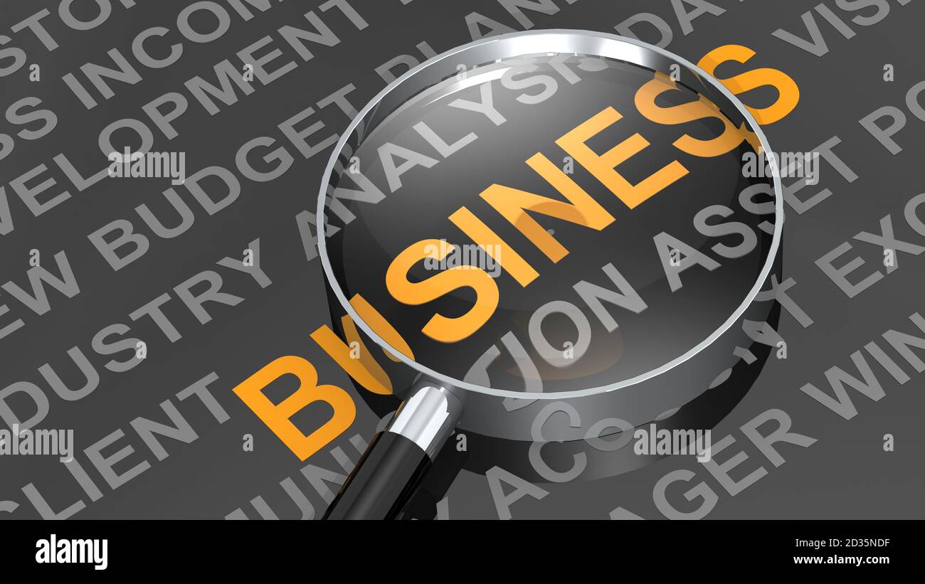Magnifying glass with business word, 3d rendering Stock Photo - Alamy