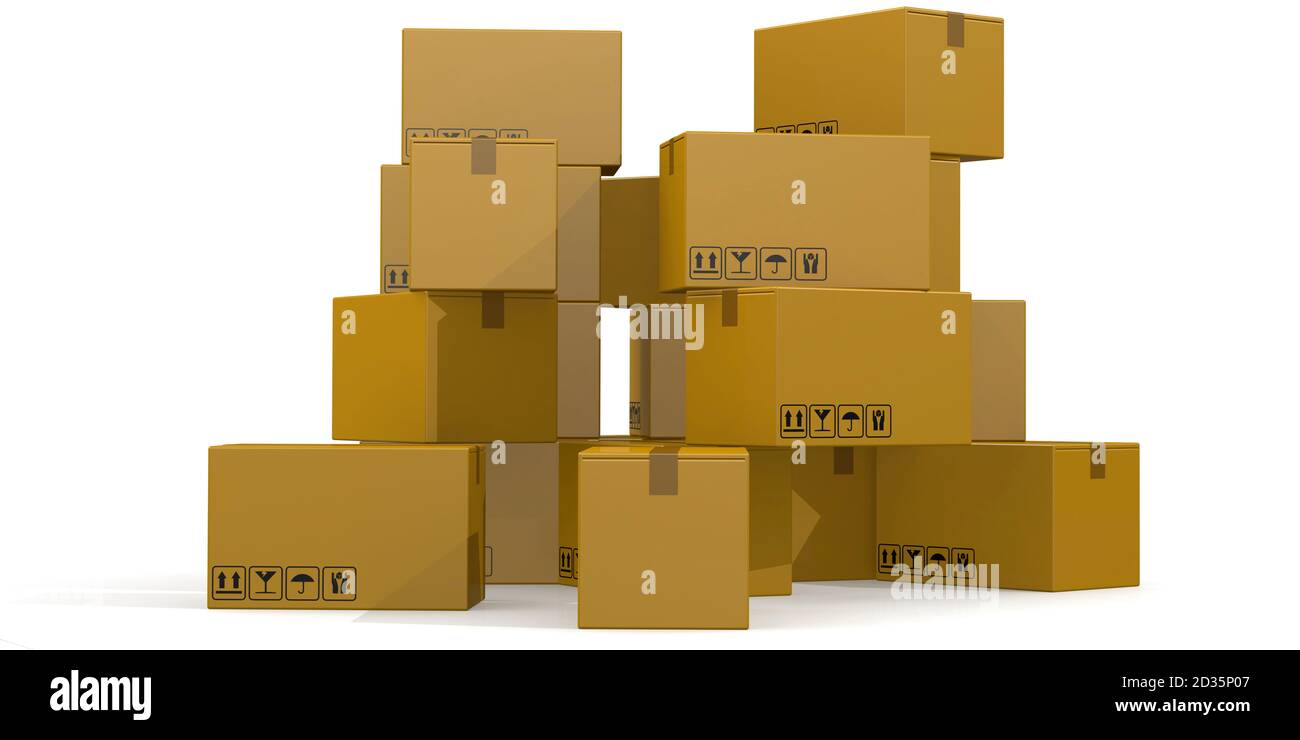 Stack of cardboard boxes isolated, 3D rendering Stock Photo - Alamy