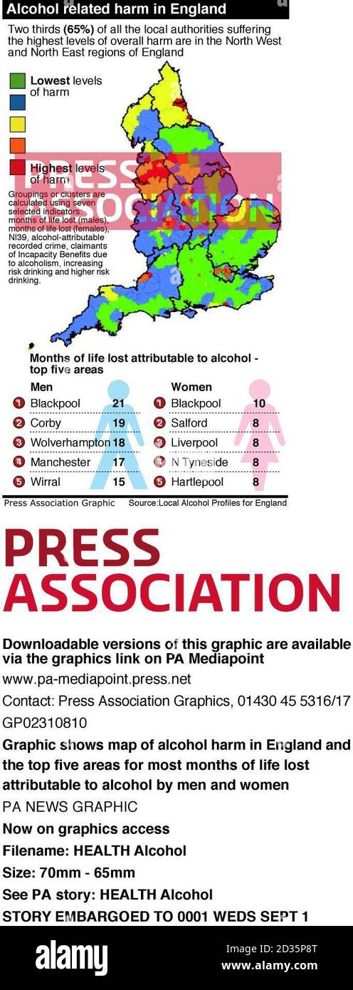 Graphic shows map of alcohol harm in England and the top five areas for ...