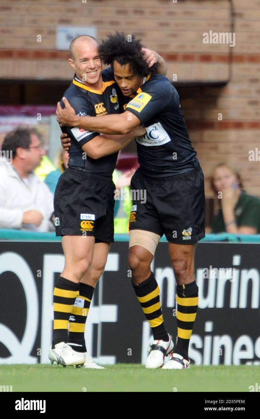 Wasps' Richard Haughton is congratulated by Mark van Gisbergen after ...