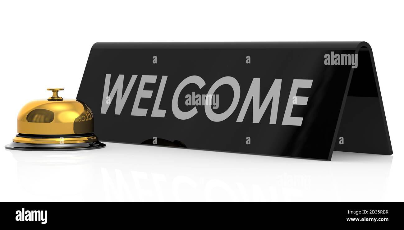 Golden bell with welcome sign, 3D rendering Stock Photo - Alamy