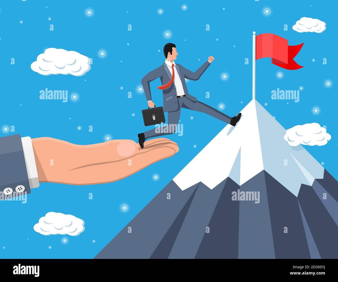 Businessman on chart ladder is fast running with waving necktie and ...