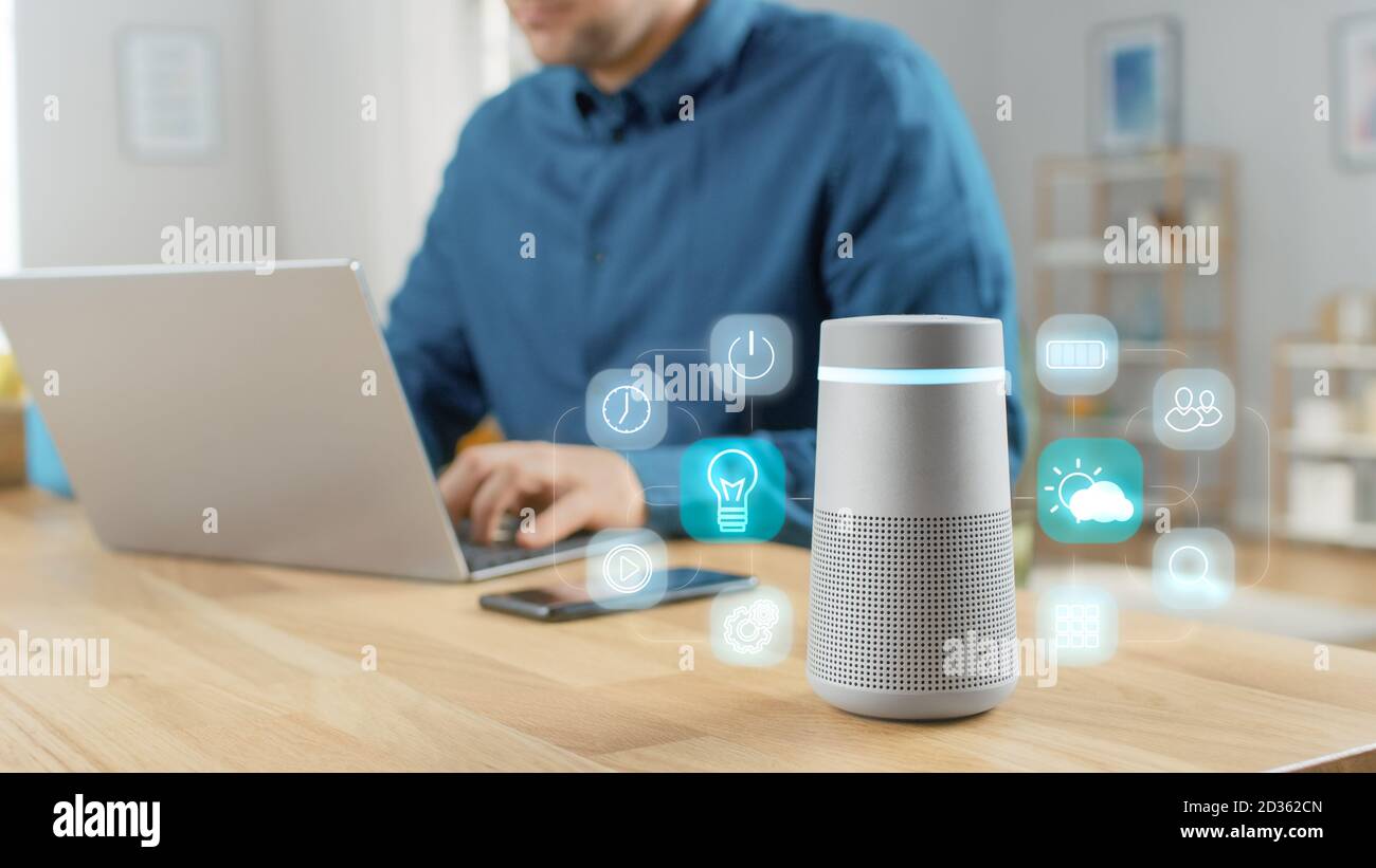 Close Up Shot of Modern Bluetooth Speaker with Active Artificial ...