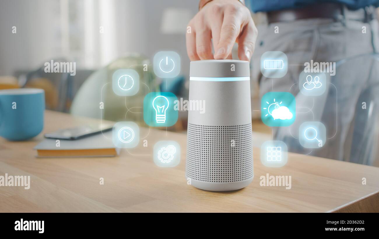 Man Turns On Smart Speaker with Active Artificial Intelligence ...