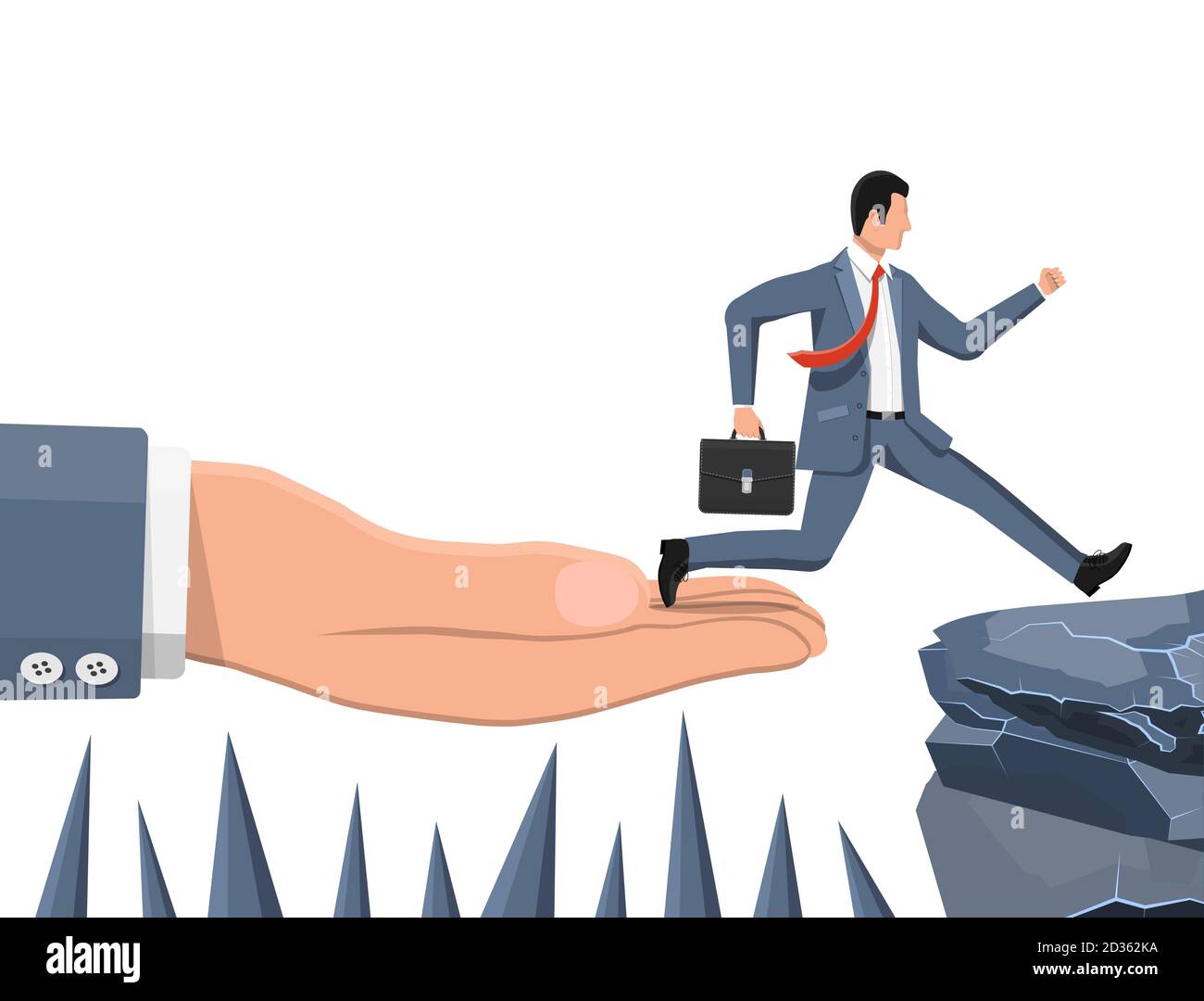 Businessman jumps to goal through abyss with thorns. Business man jump ...