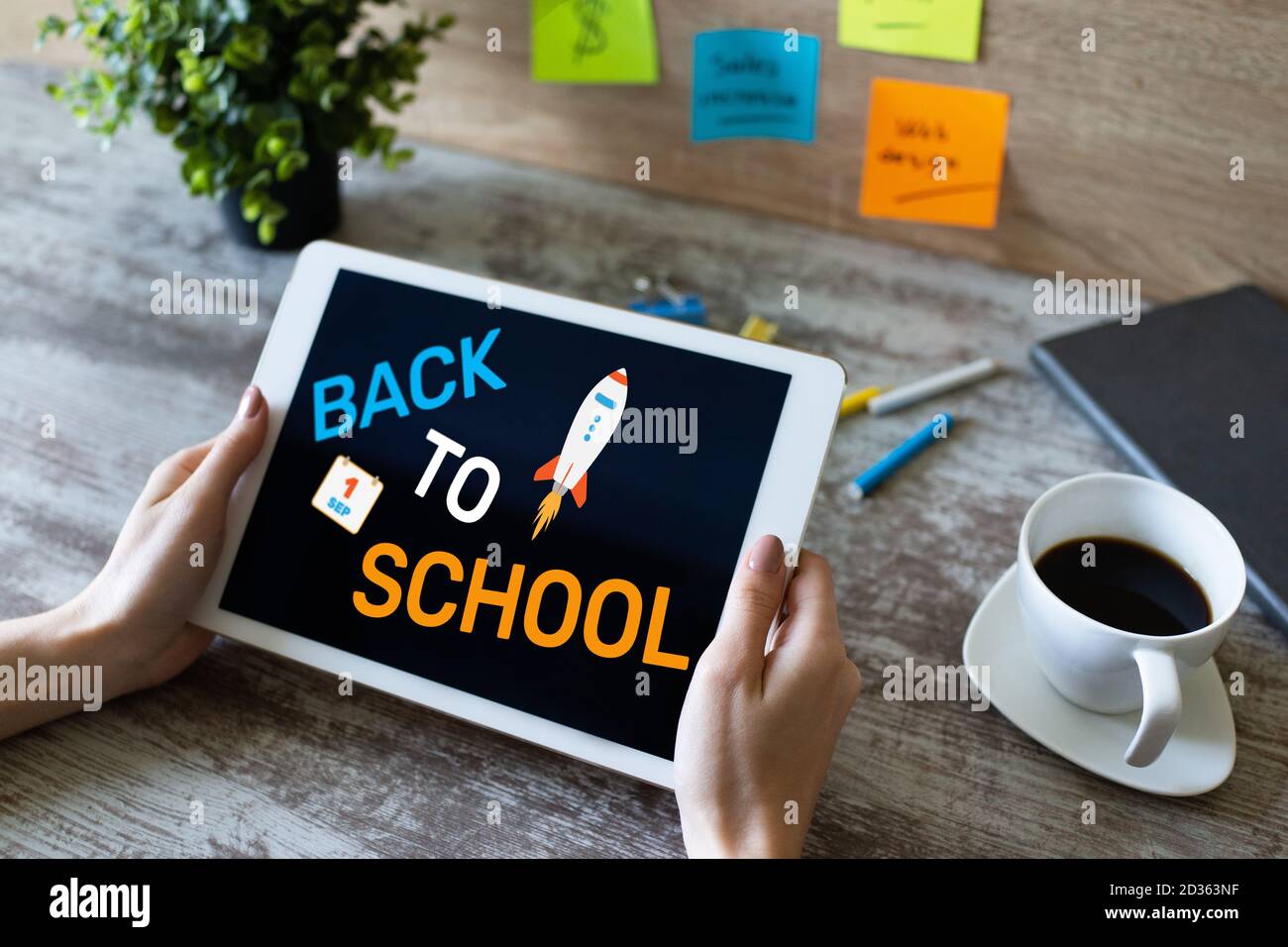 Back to school text on screen. Education and e-learning concept Stock ...