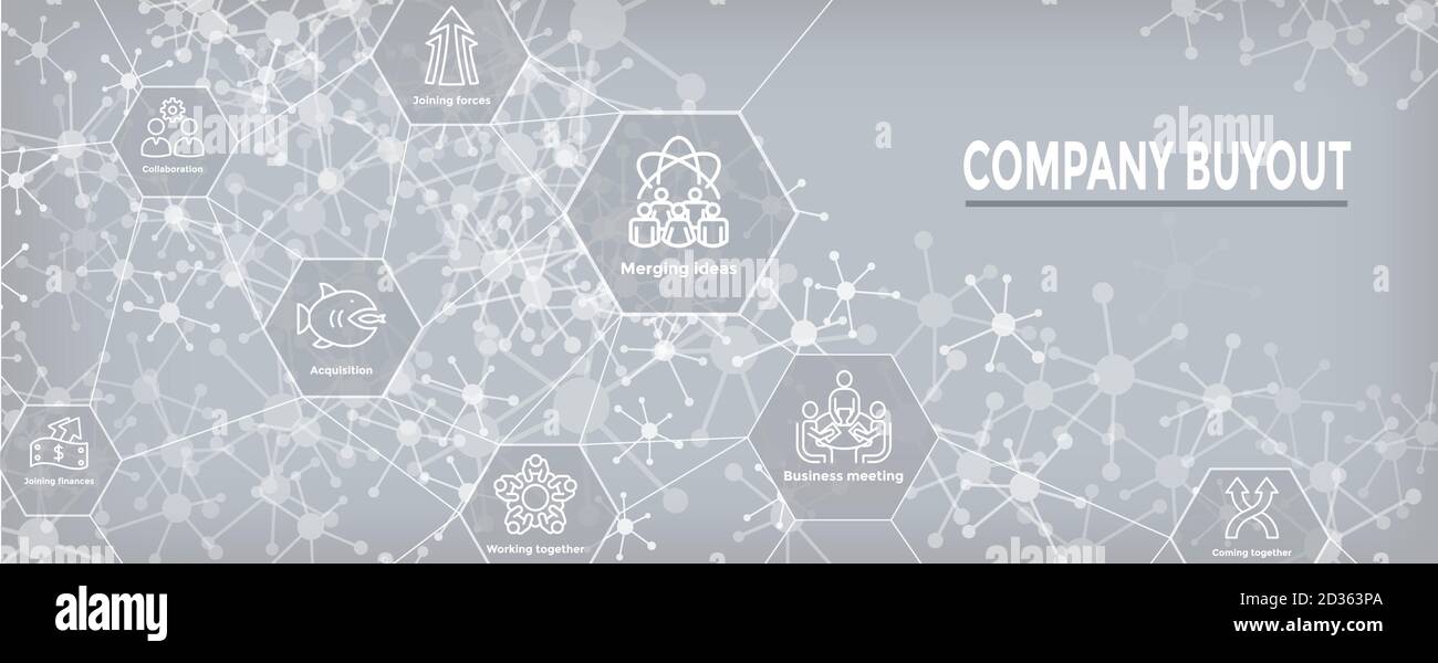 Companies merging together, one buying out the other & icon set header ...