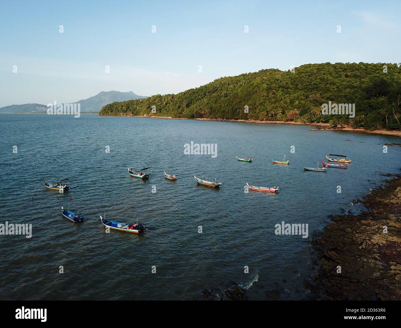 Pulau Sayak, Kedah/Malaysia - Feb 26 2020: Aerial view fishing boat ...